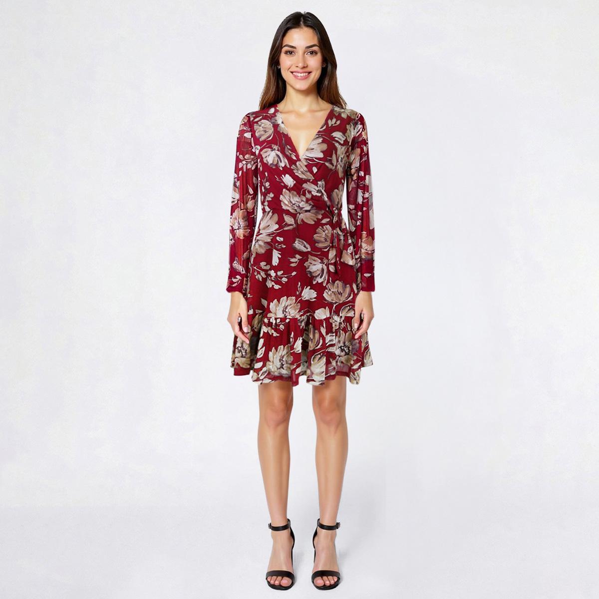 Womens Luxology Long Sleeve Floral Mesh Ruffle Hem Wrap Dress